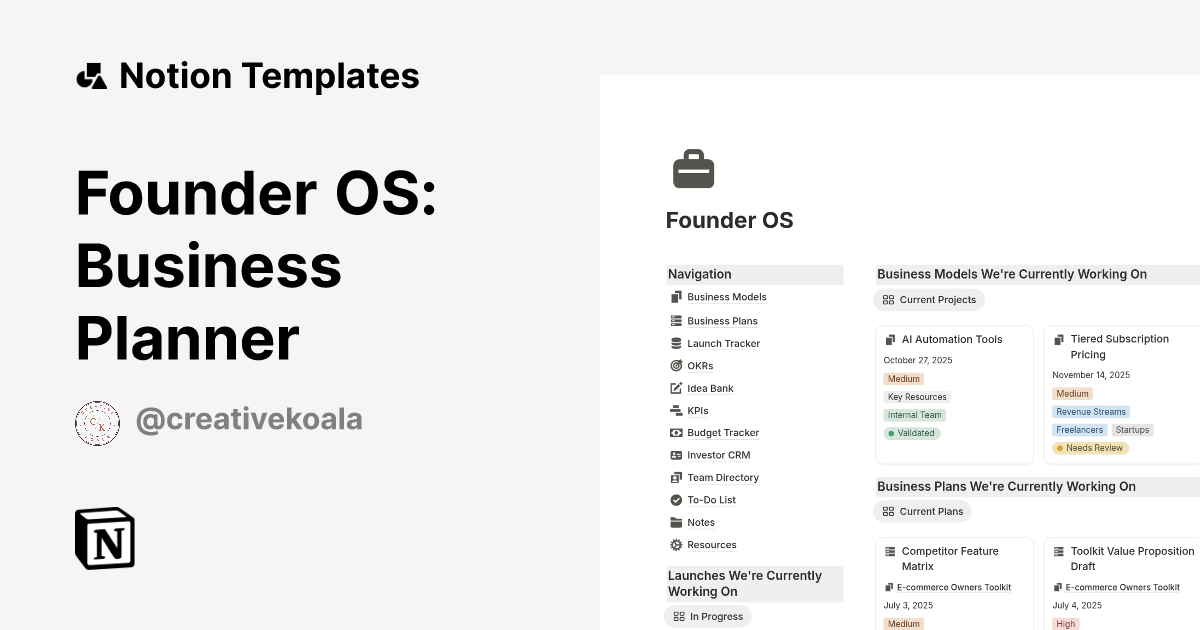 Founder OS: Business Planner Template by Creative Koala | Notion ...