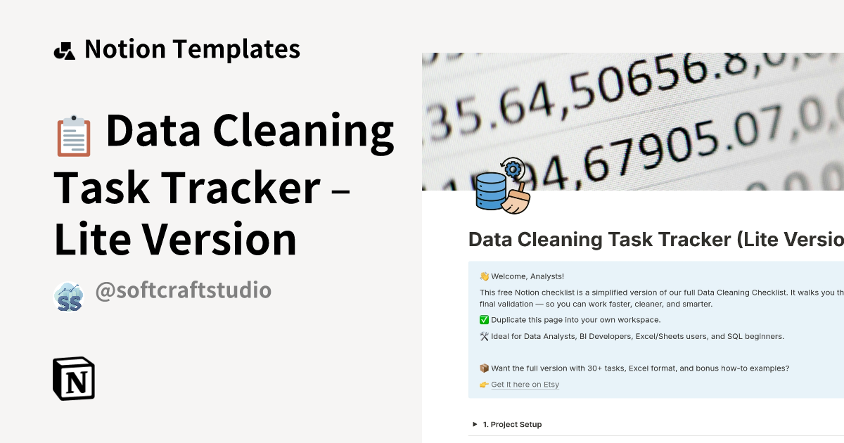 📋 Data Cleaning Task Tracker – Lite Version Template | Notion Marketplace