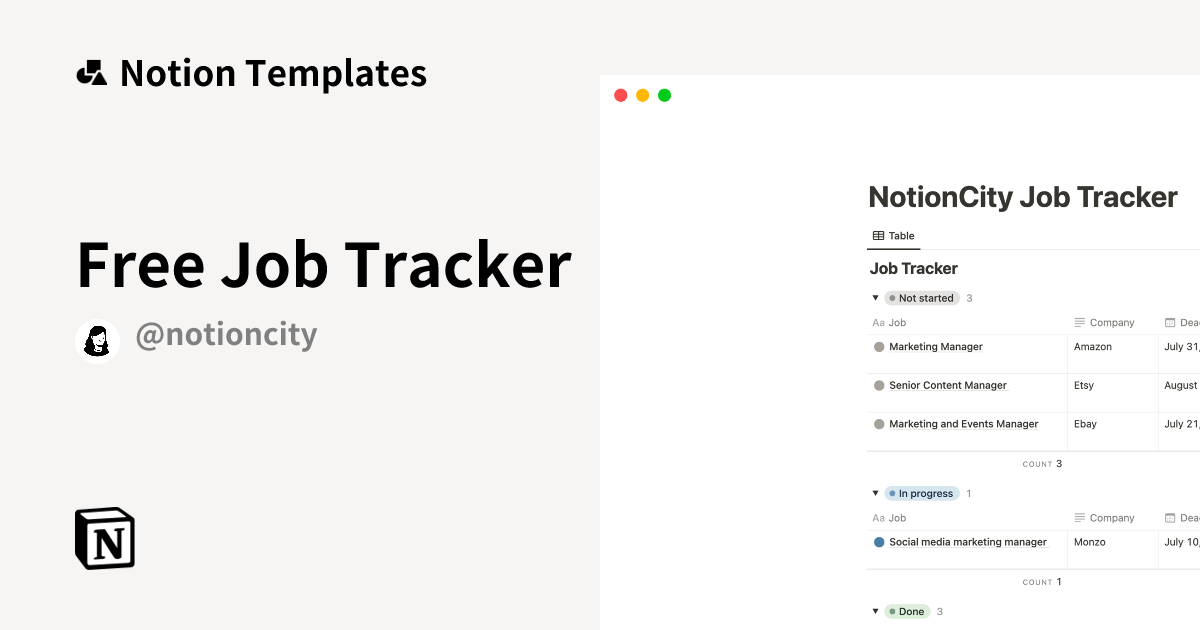 Free Job Tracker Template by Notioncity | Notion Marketplace