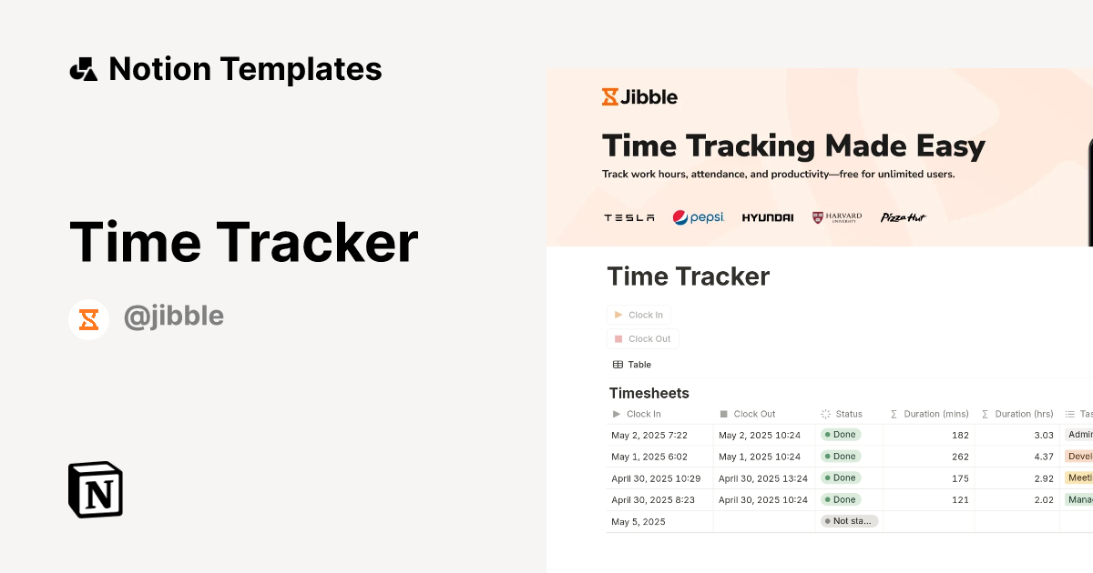 Time Tracker Template by Jibble | Notion Marketplace