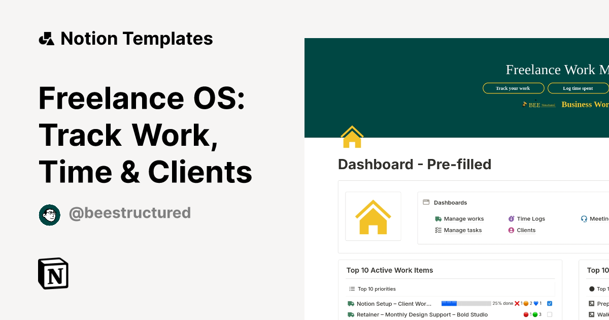 Freelance OS: Track Work, Time & Clients Template by BeeStructured ...