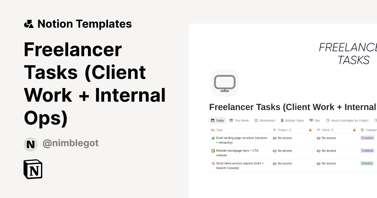 Freelancer Tasks (Client Work + Internal Ops) Template | Notion Marketplace