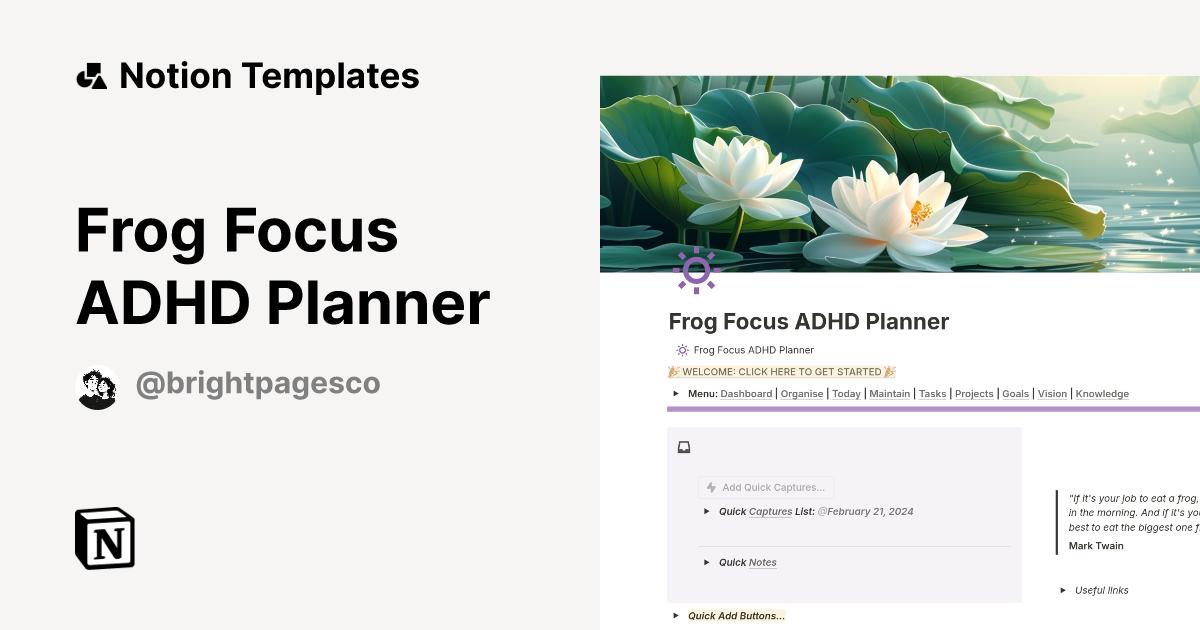 Frog Focus ADHD Planner Template | Notion Marketplace
