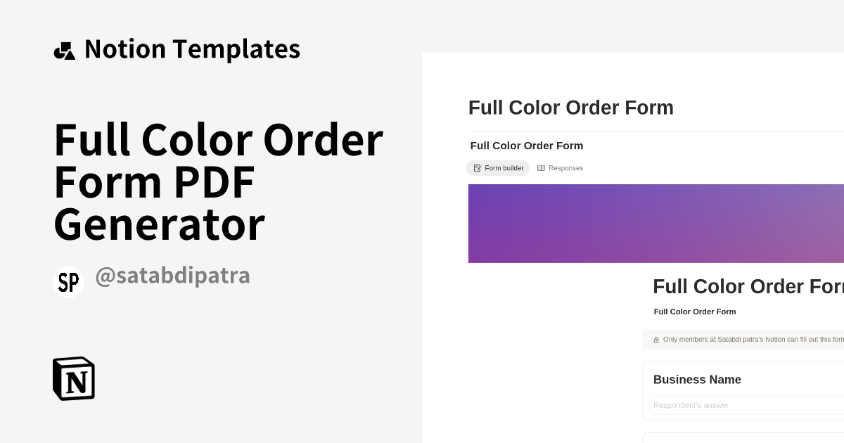 Full Color Order Form PDF Generator Template by Satabdi Patra | Notion ...