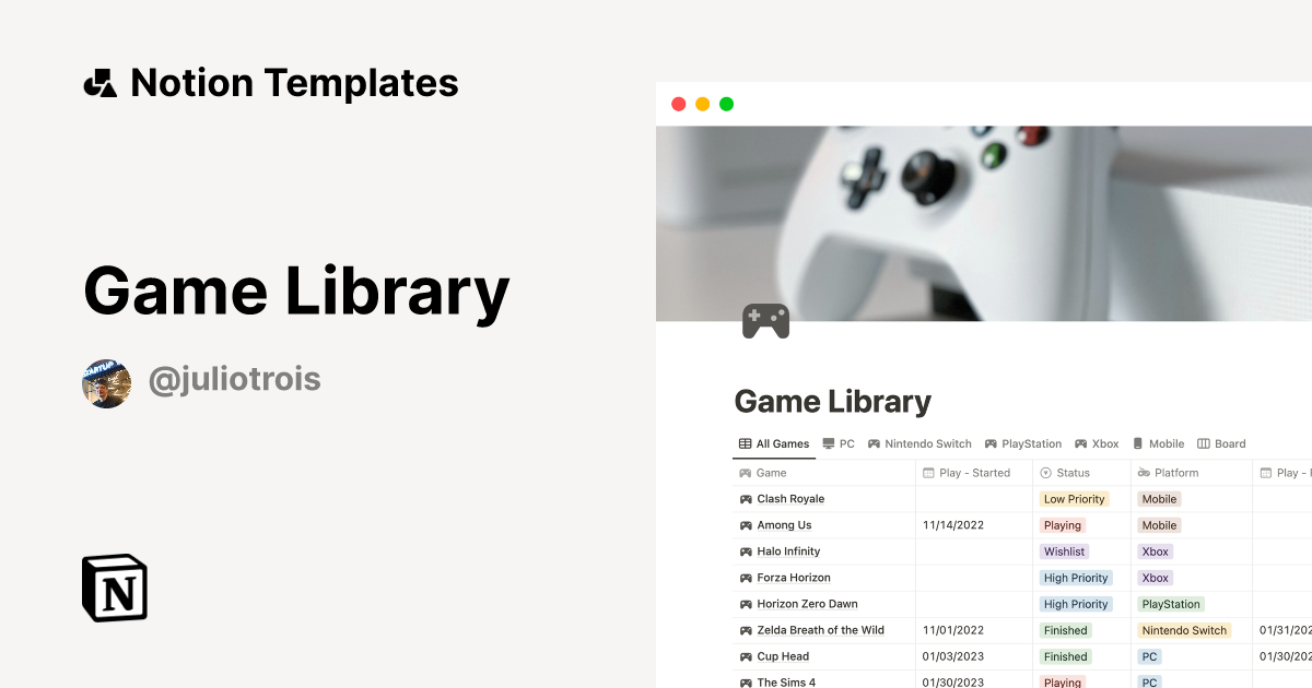Game Library Template by Julio Trois | Notion Marketplace