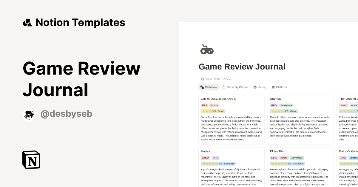 Game Review Journal Template by desbyseb | Notion Marketplace
