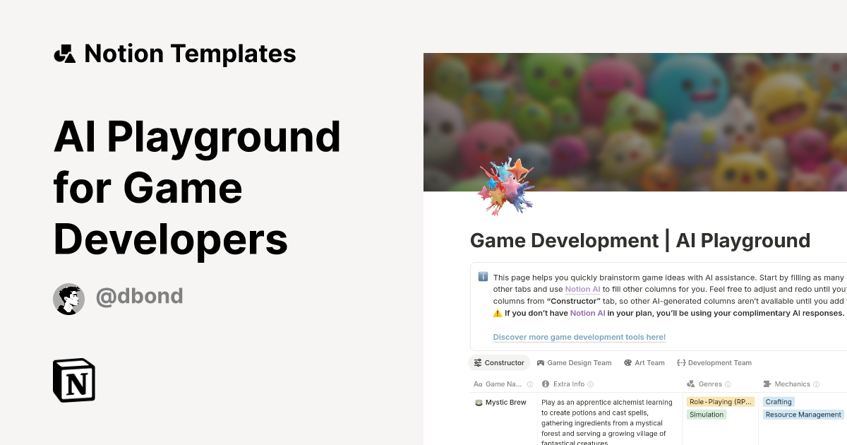AI Playground for Game Developers Template by Denis Bondarev | Notion Marketplace