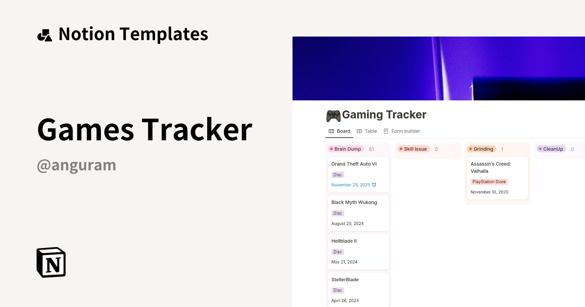 Games Tracker Template by Anguram Shanmugam | Notion Marketplace