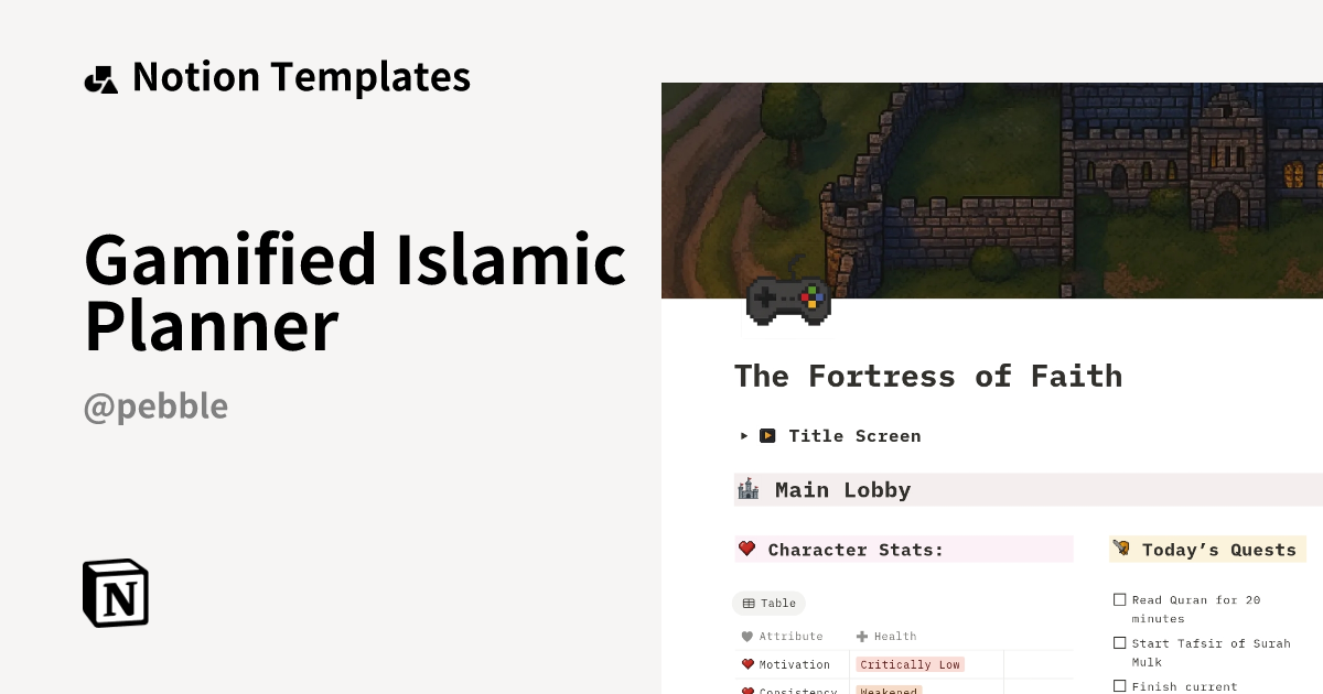 Gamified Islamic Planner Template by Pebble | Notion Marketplace
