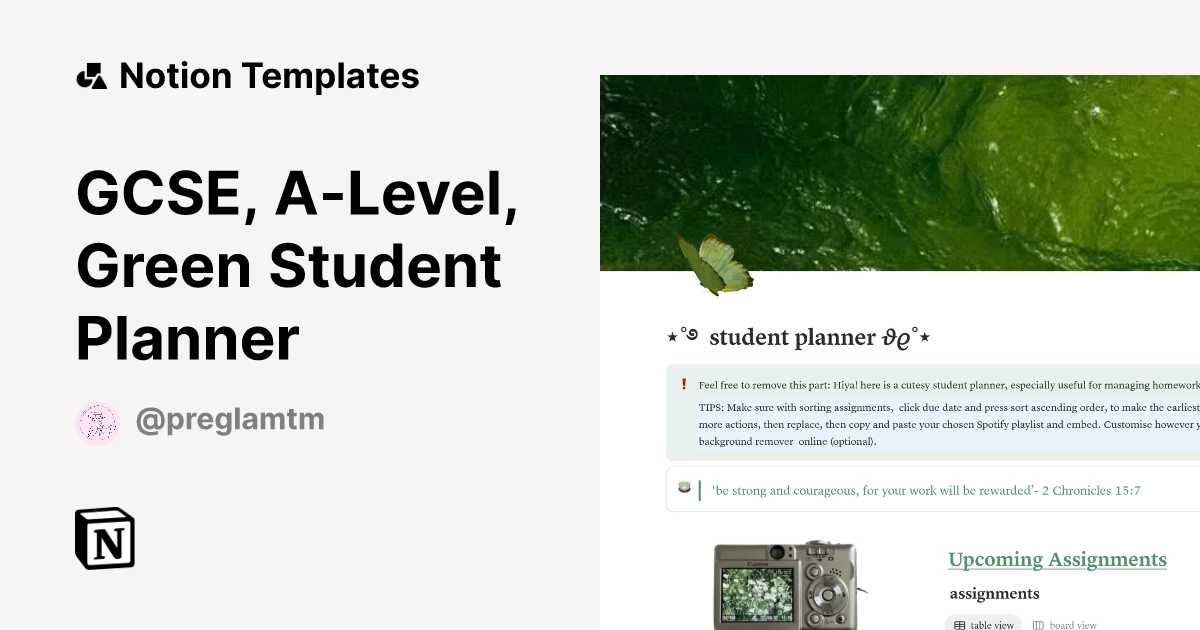 GCSE, A-Level, Green Student Planner Template by studywithp | Notion ...
