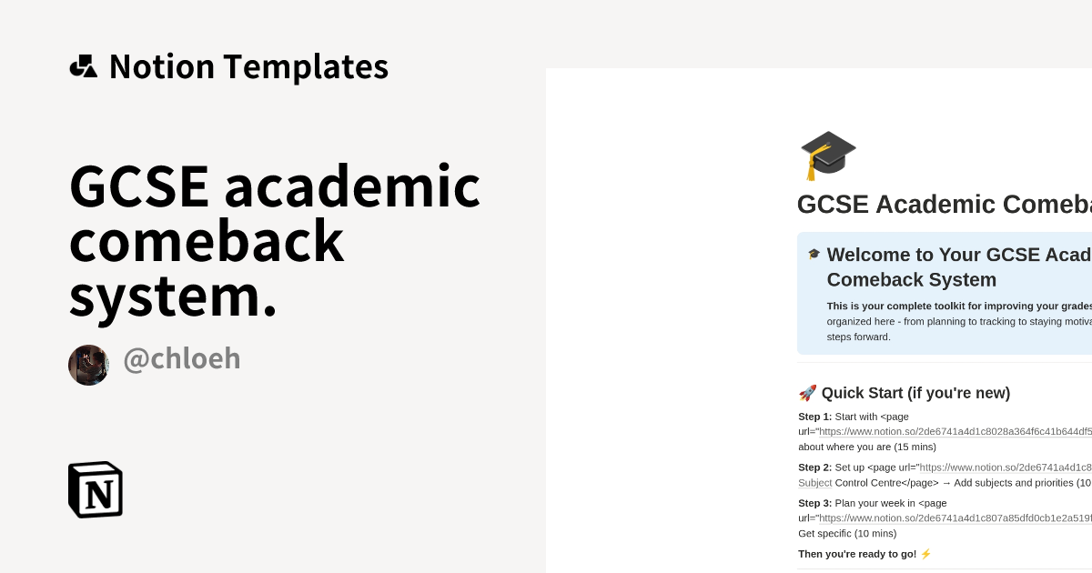 GCSE academic comeback system. Template by Chloe H | Notion Marketplace