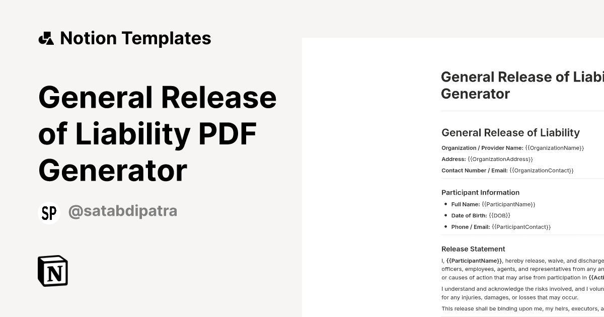General Release of Liability PDF Generator Template by Satabdi Patra ...