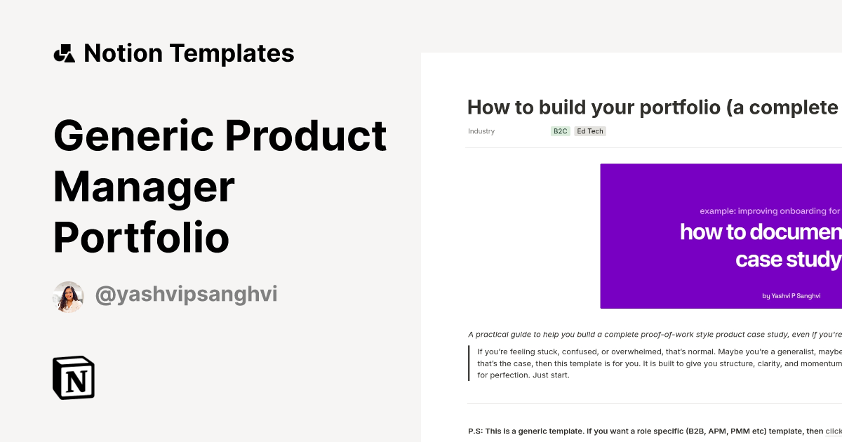 Generic Product Manager Portfolio Template by Yashvi P Sanghvi | Notion ...