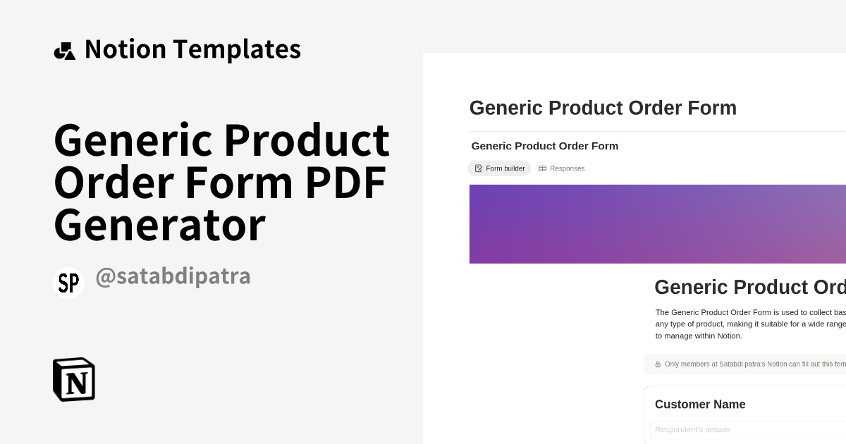 Generic Product Order Form PDF Generator Template | Notion Marketplace