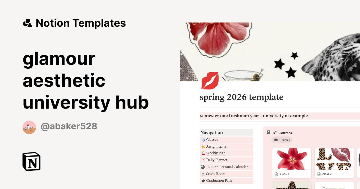 glamour aesthetic university hub Template | Notion Marketplace