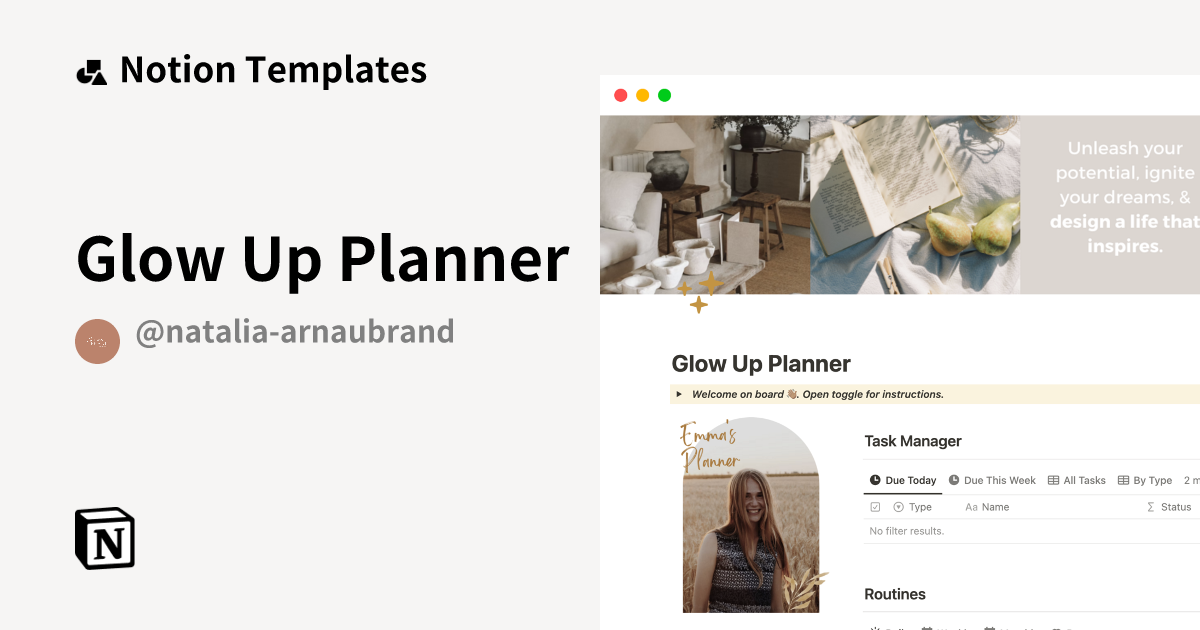 Glow Up Planner Template by Natalia - Arnau Brand | Notion Marketplace