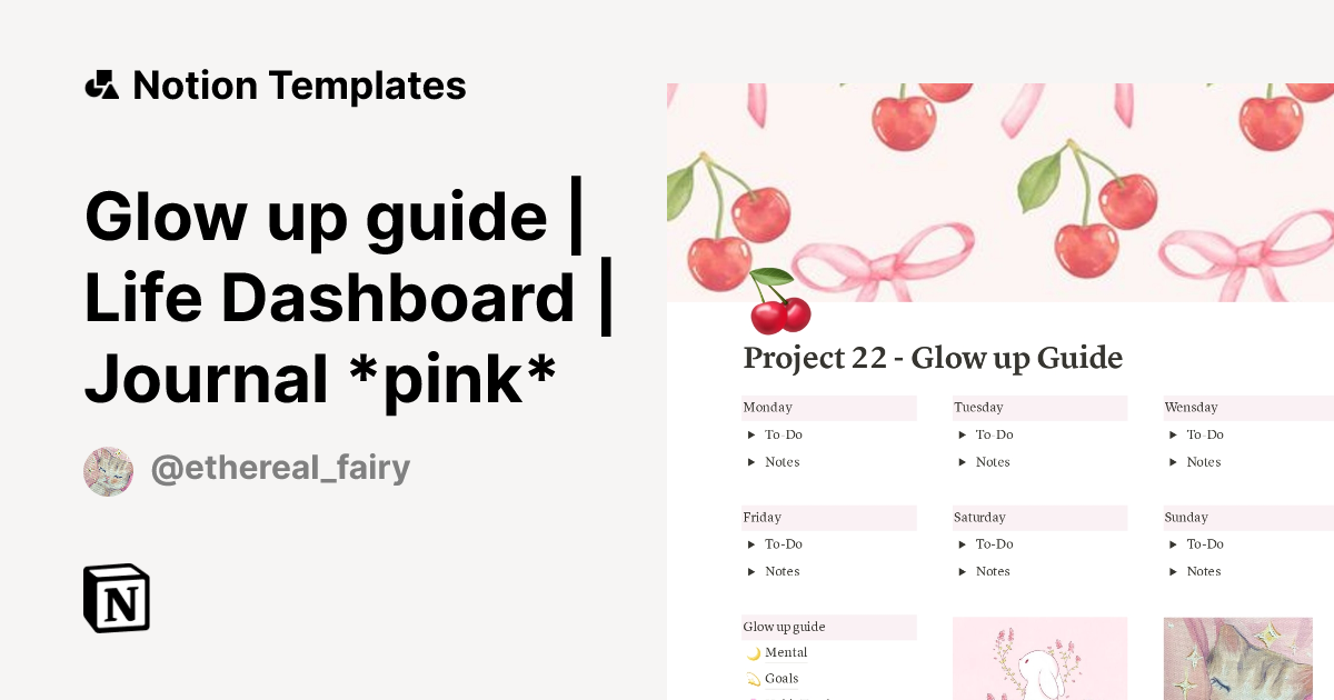 Glow up guide | Life Dashboard | Journal *pink* Template | Notion ...