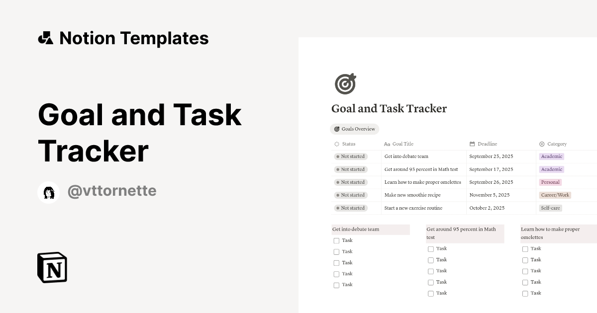 Goal and Task Tracker Template by Vttornette | Notion Marketplace