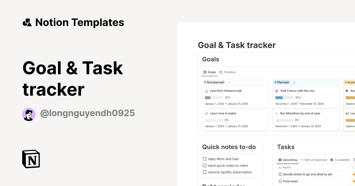 Goal & Task tracker Template by Long Nguyen | Notion Marketplace