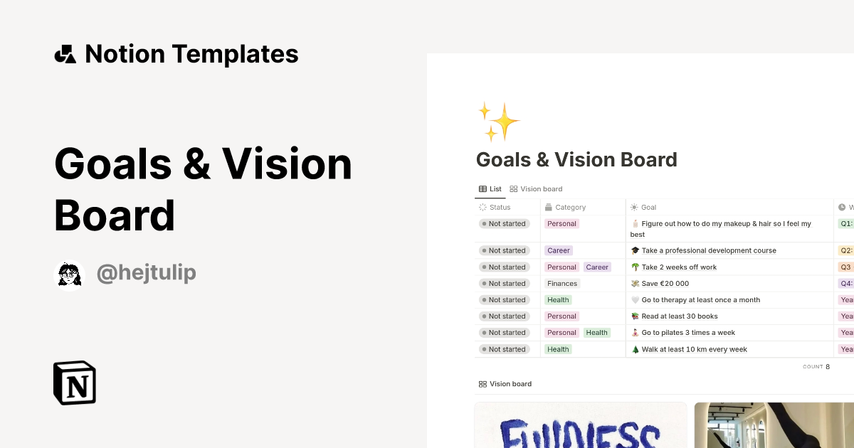 Goals & Vision Board Template by Tulip | Notion Marketplace