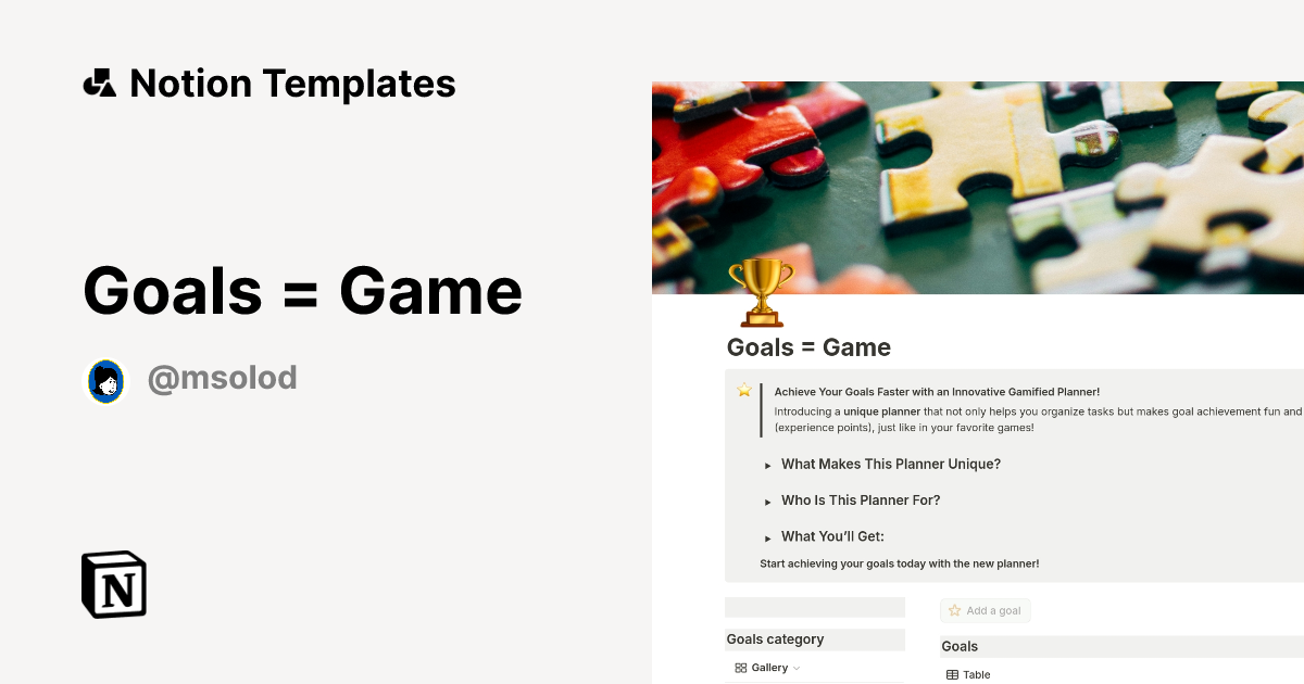 Goals = Game Template | Notion Marketplace