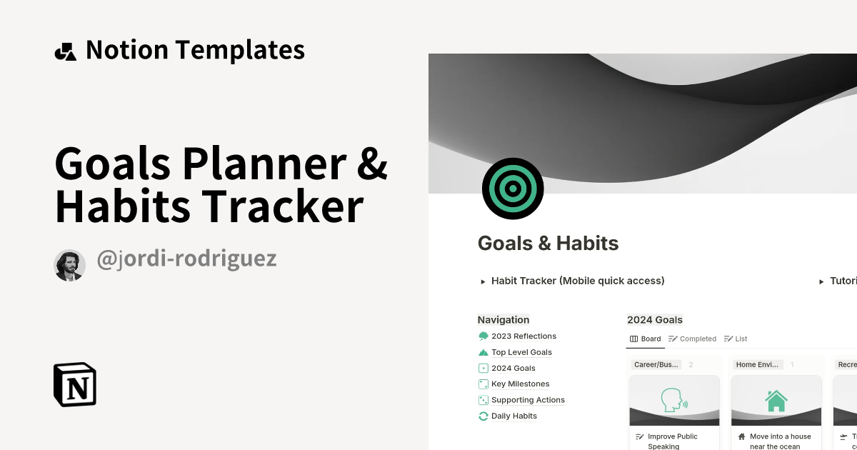 Goals Planner & Habits Tracker Template by Jordi Rodriguez | Notion Marketplace