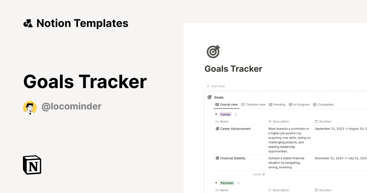 Goals Tracker Template by Locominder | Notion Marketplace