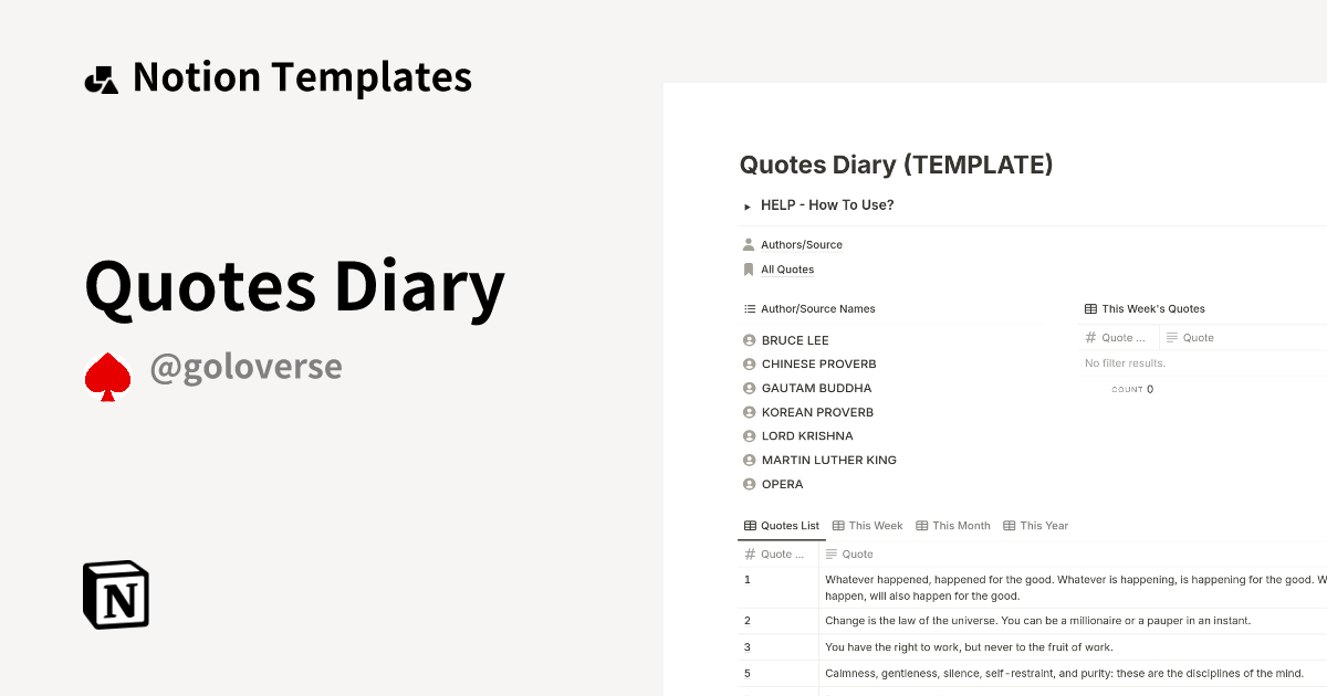 Quotes Diary Template by Goloverse | Notion Marketplace