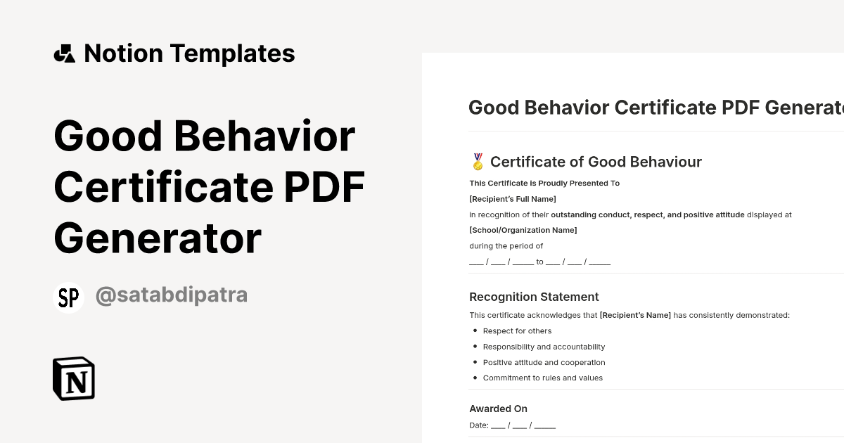 Good Behavior Certificate PDF Generator Template | Notion Marketplace