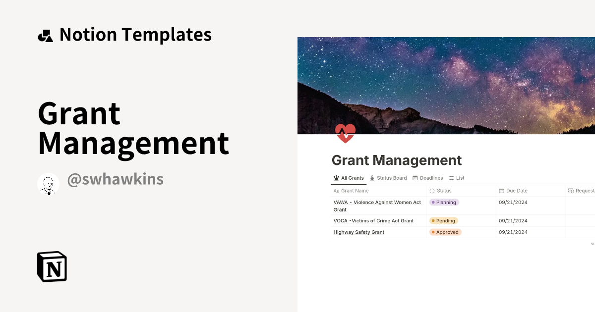 Grant Management Template by Scott W. Hawkins | Notion Marketplace