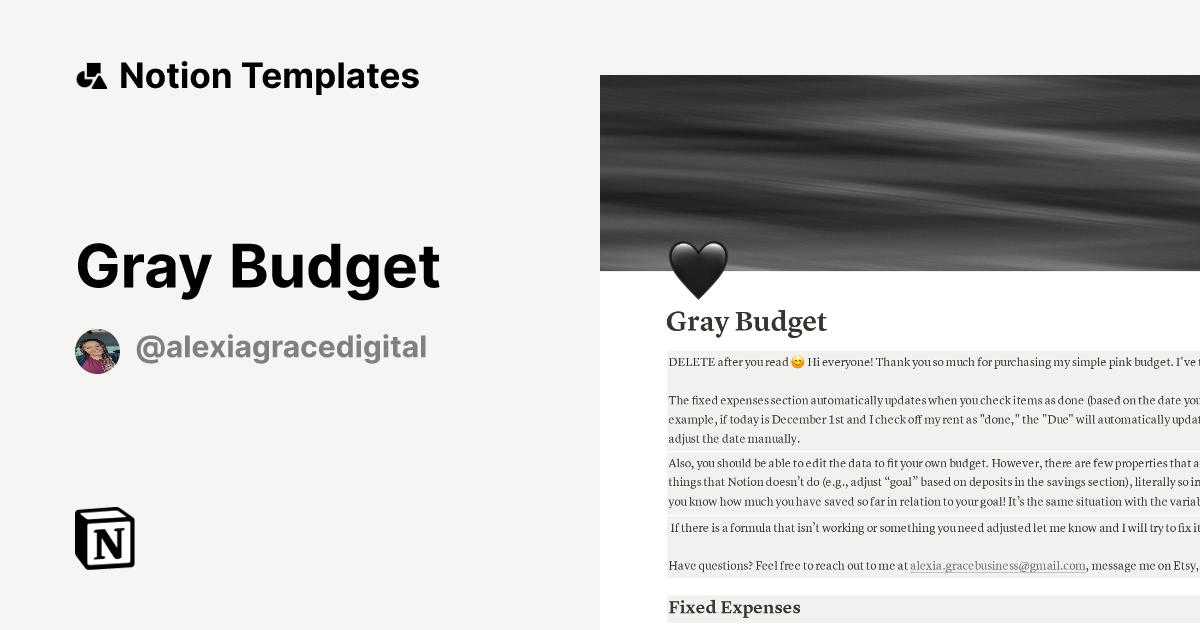 Gray Budget Template by Alexia Grace | Notion Marketplace