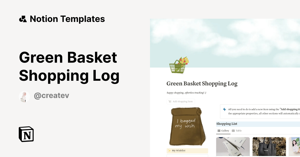 Green Basket Shopping Log Template | Notion Marketplace