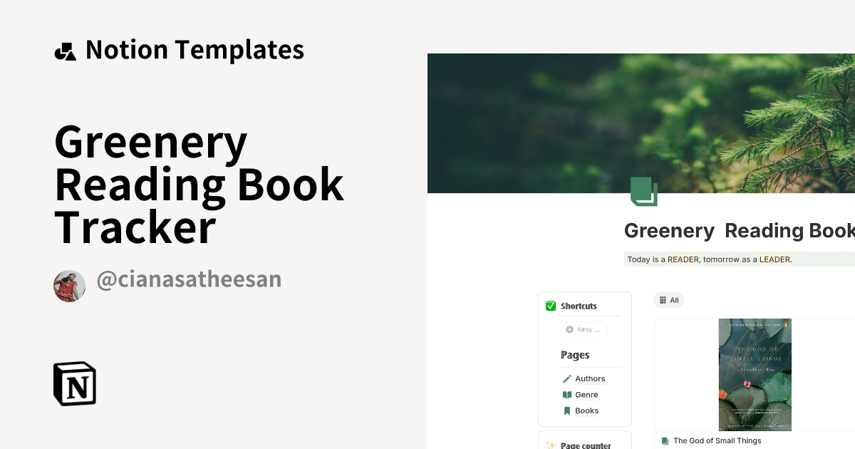 Greenery Reading Book Tracker Template by Ciana Satheesan | Notion ...