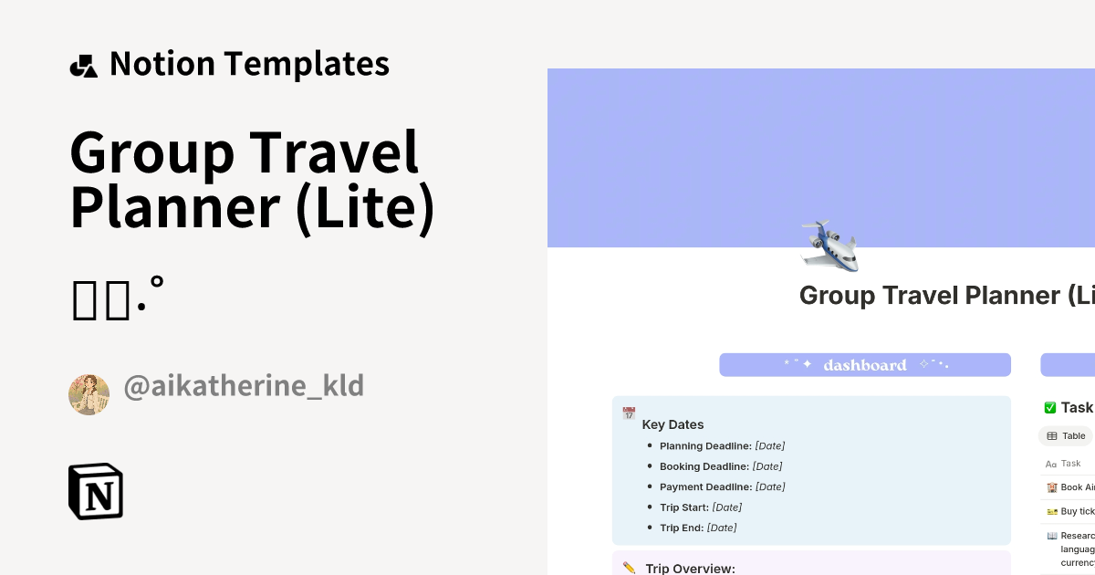 Group Travel Planner (Lite) ੈ ‧˚ Template by aikatherine | Notion ...