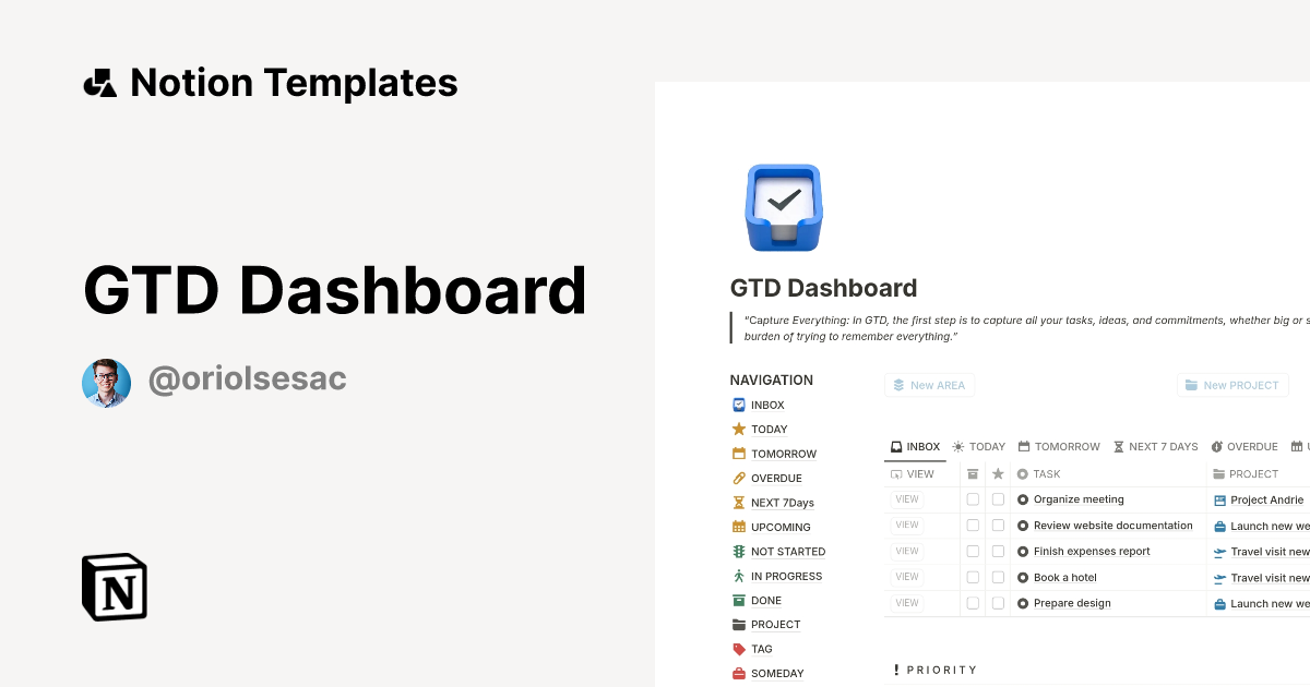 GTD Dashboard Template by Oriol Sesac | Notion Marketplace