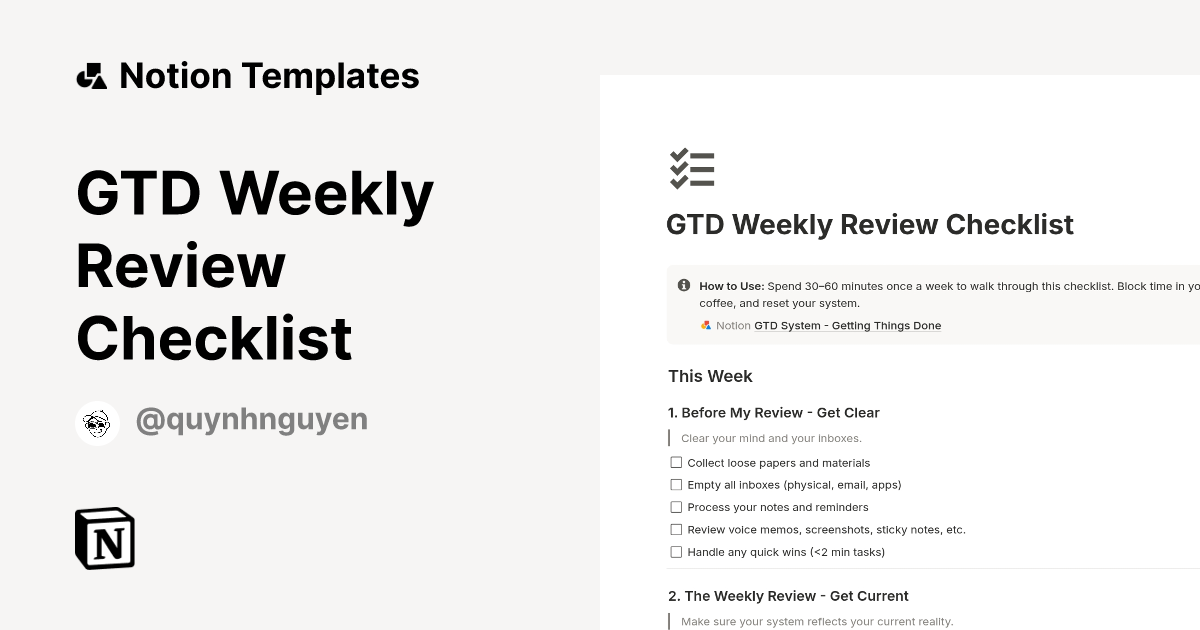 GTD Weekly Review Checklist Template by Quynh Nguyen | Notion Marketplace