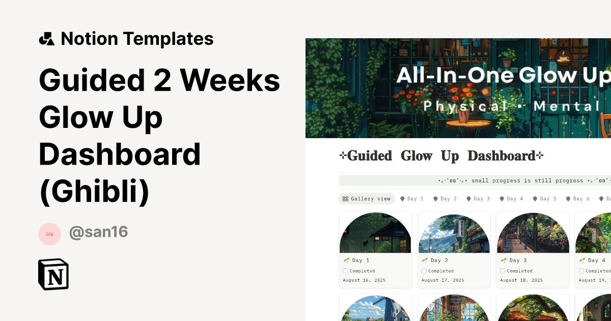 Guided 2 Weeks Glow Up Dashboard (Ghibli) Template | Notion Marketplace