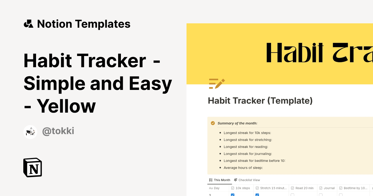 Habit Tracker - Simple and Easy - Yellow Template by tokki | Notion ...