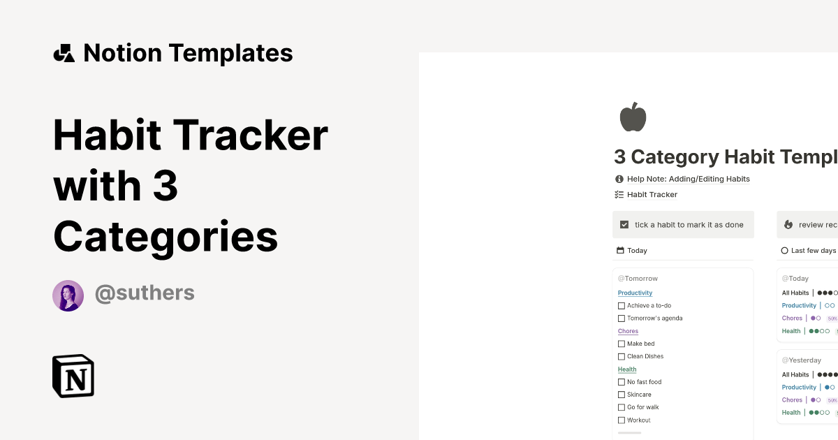 Habit Tracker with 3 Categories Template by Suthers | Notion Marketplace