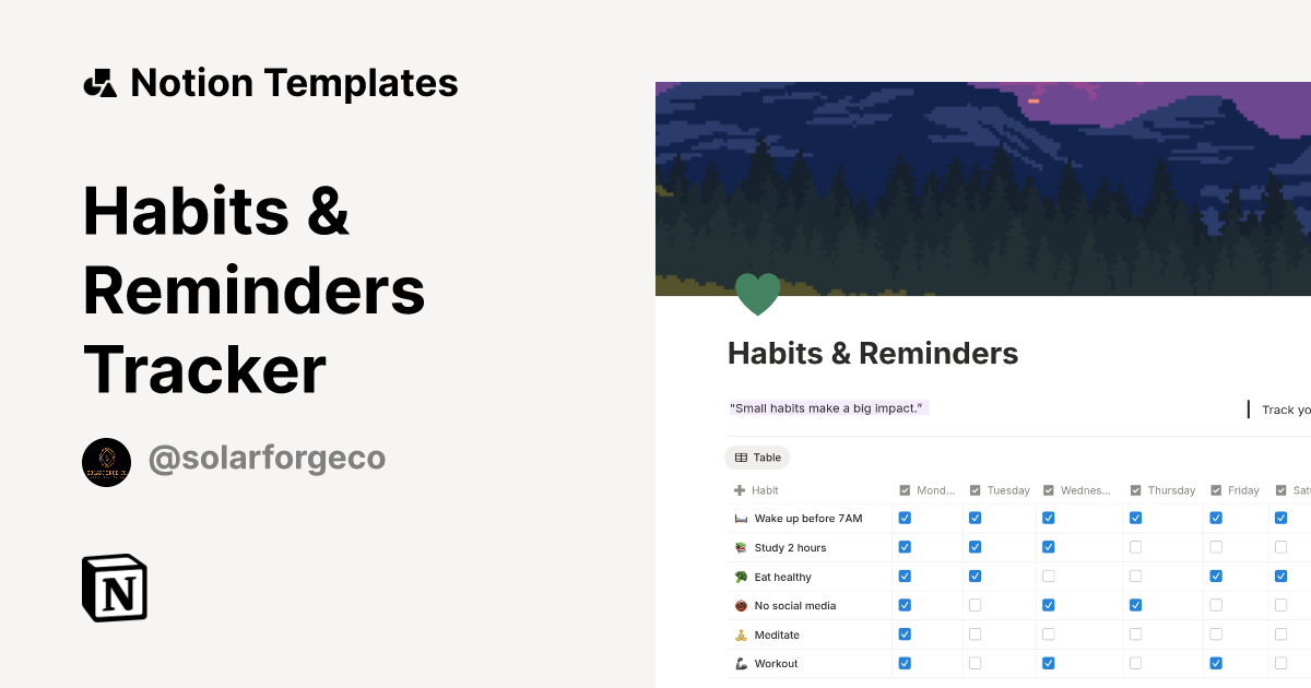 Habits & Reminders Tracker Template by SolarForge Co. | Notion Marketplace