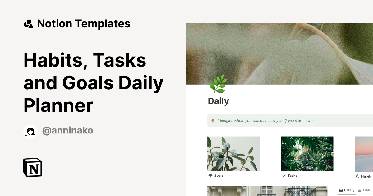 Habits, Tasks and Goals Daily Planner Template by Anninako | Notion ...