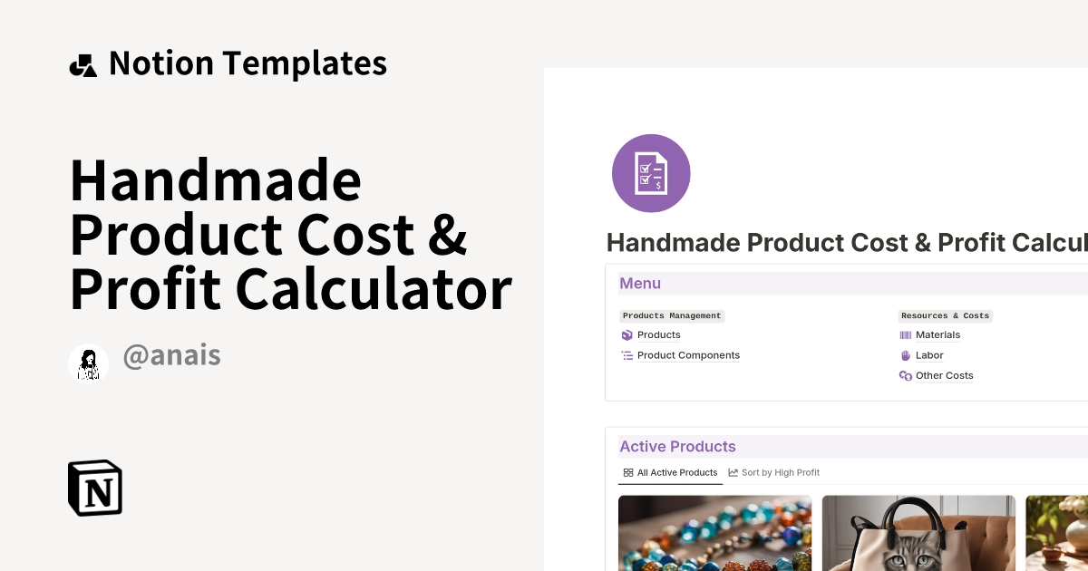 Handmade Product Cost & Profit Calculator Template by Anaïs | Notion ...