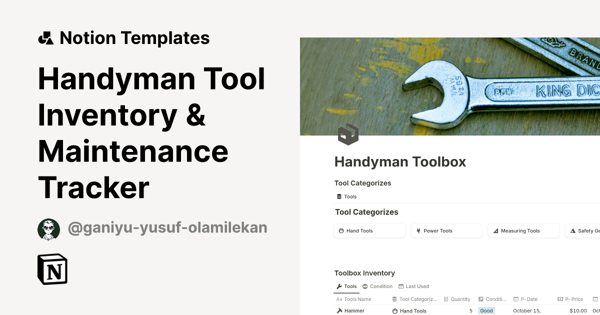 Handyman Tool Inventory & Maintenance Tracker Template by Notionallity ...