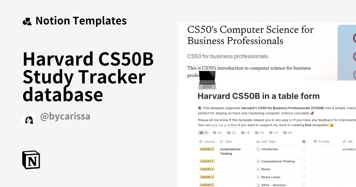 Harvard CS50B Study Tracker database Template by Carissa | Notion ...