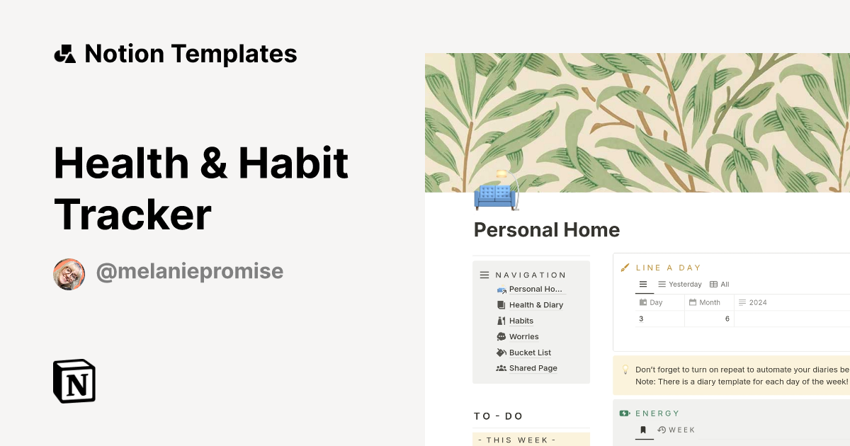 Health & Habit Tracker Template by Melanie Promise | Notion Marketplace
