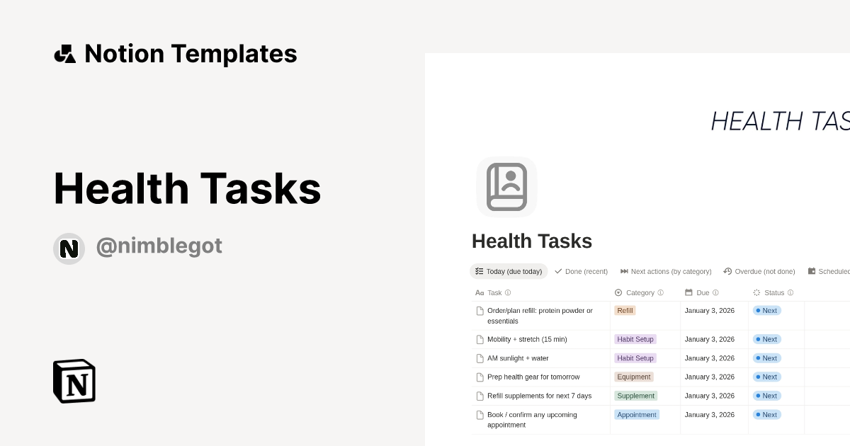 Health Tasks Template | Notion Marketplace