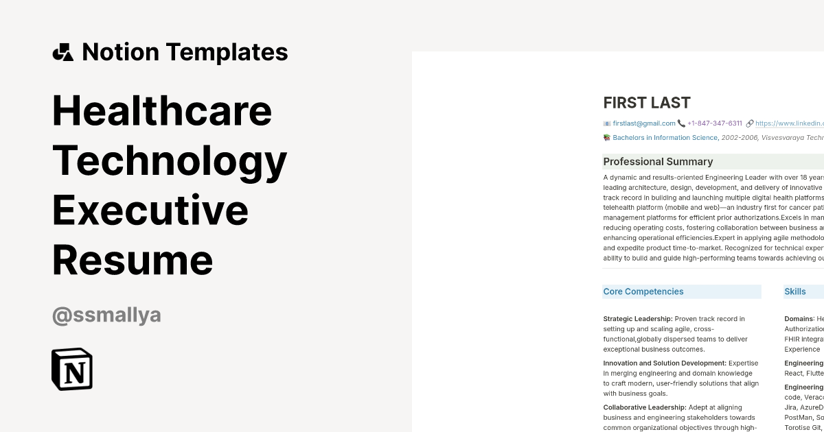 Healthcare Technology Executive Resume Template by guddebhoota | Notion ...