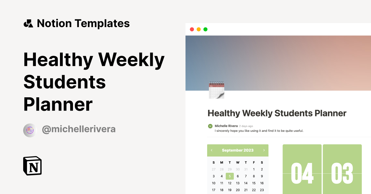 Healthy Weekly Students Planner Template by Michelle Rivera | Notion ...