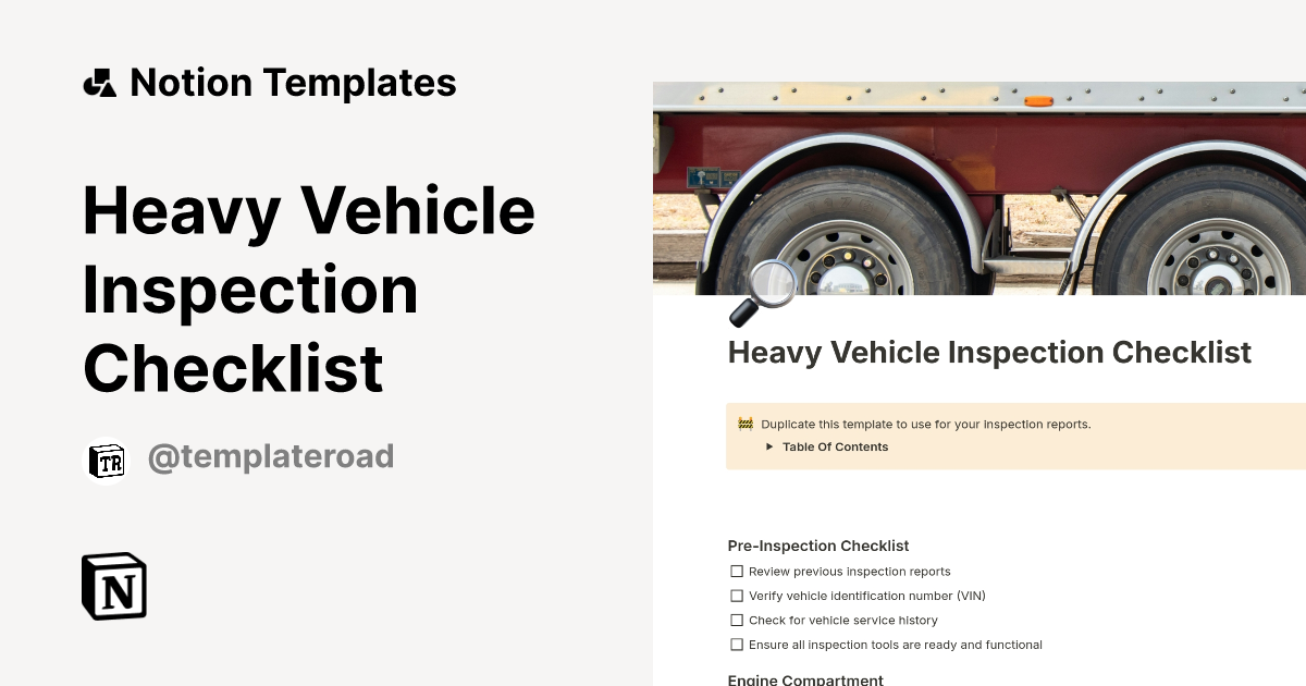 Heavy Vehicle Inspection Checklist Template by Template Road | Notion ...