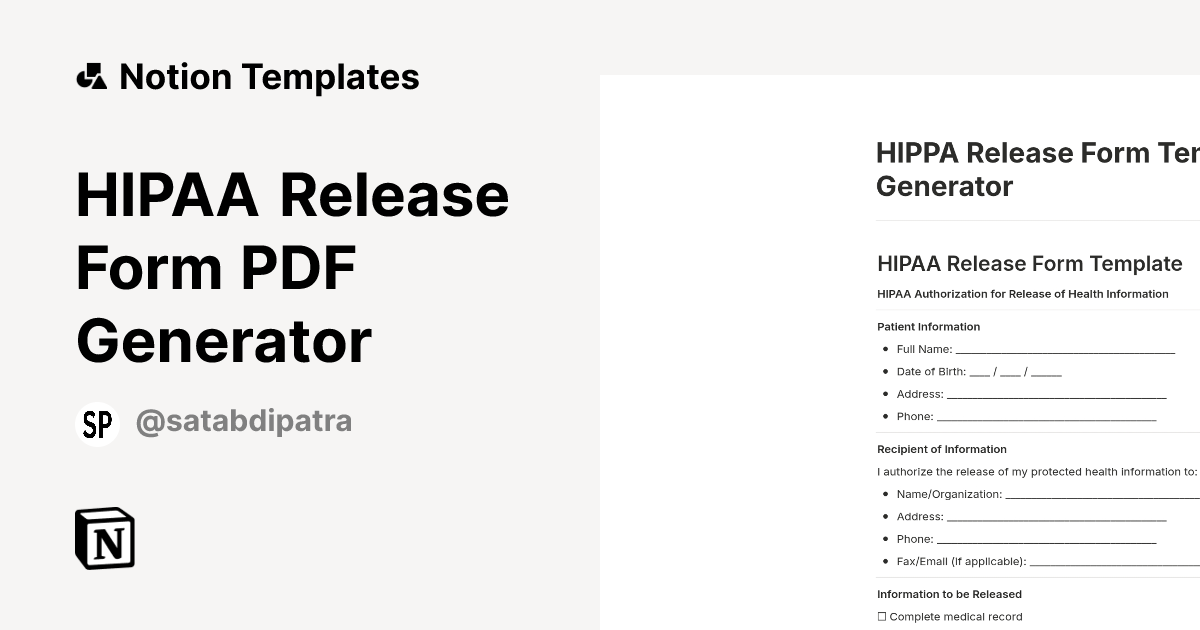 HIPAA Release Form PDF Generator Template | Notion Marketplace